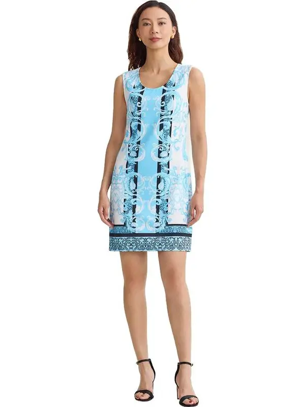 Ming Wang Filigree Printed Lined Stretch Deco Crepe Sheath Dress - Serene/white/black