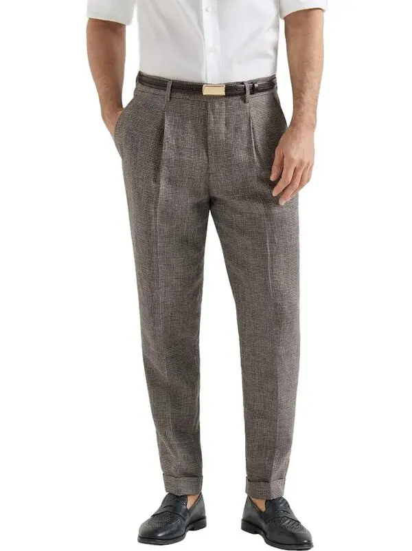 Brunello Cucinelli Houndstooth Pleated Trousers - Hazelnut