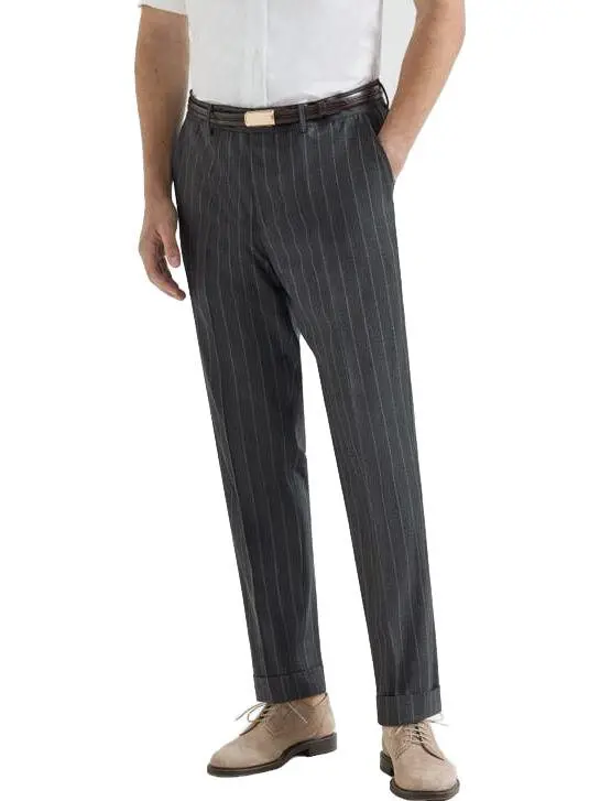 Brunello Cucinelli Wide Chalk Stripe Pure Wool Trousers - Grey