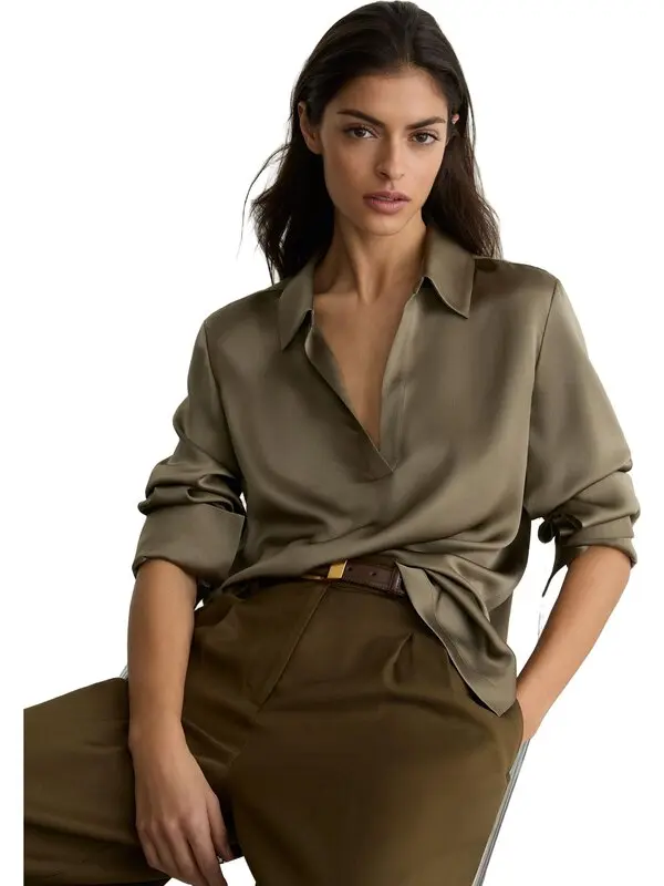 REISS Marina Silk Open-collar Blouse - Khaki Green