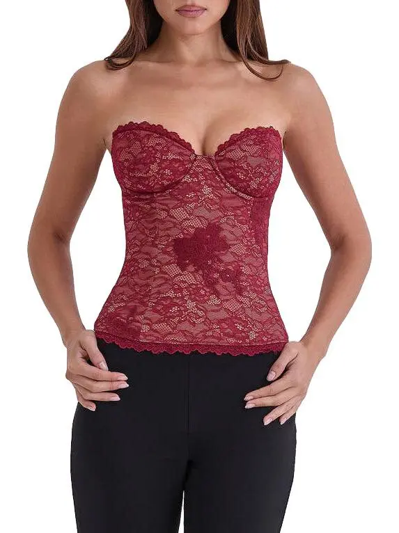House Of Cb Yara Strapless Lace Corset Top - Wine