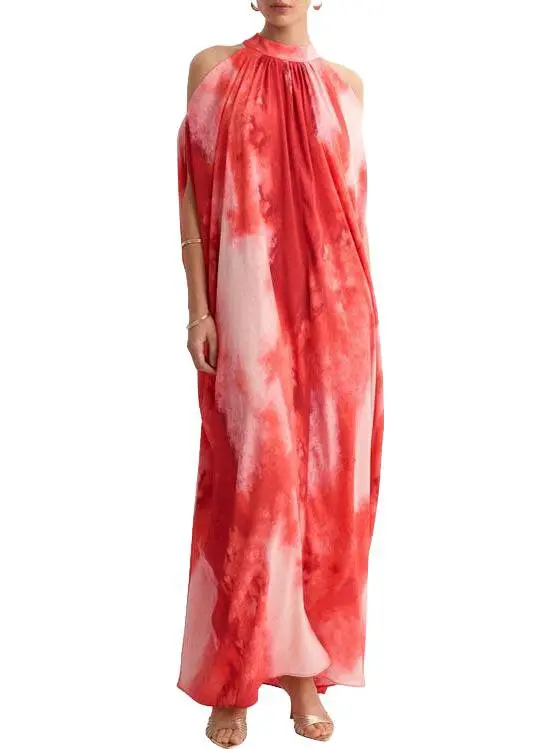 Mango Printed Cold Shoulder Maxi Dress - Red