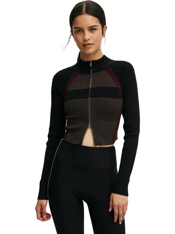Cotton:on Active Spliced Knit Zip Through - Black Charcoal Marle Cherry