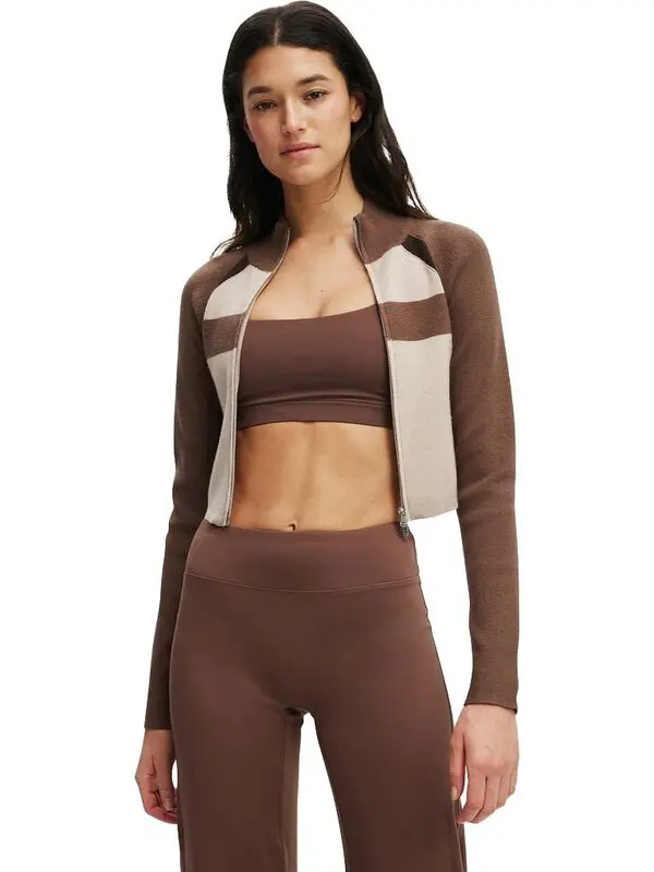 Cotton:on Active Spliced Knit Zip Through - Deep Taupe Allspice French