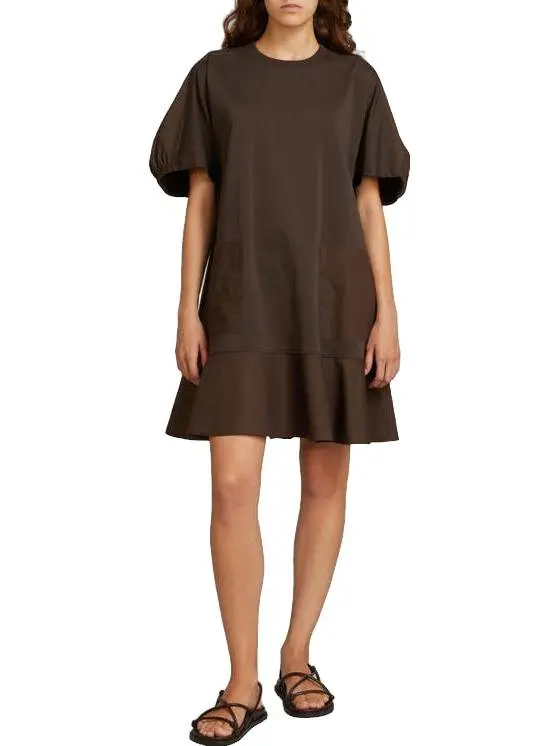 MM BY MAX MARA Onore Puff Sleeve Ruffle Hem Mixed Media Shift Dress - Dark Brown