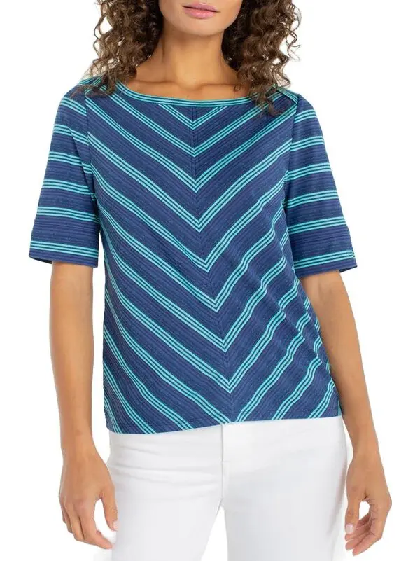LIVERPOOL Stripe Boat Neck Top - Navy/teal St