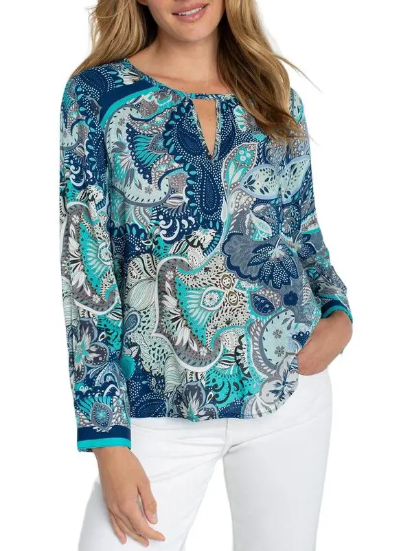 LIVERPOOL Printed Keyhole Top - Aqua Blue Mlt