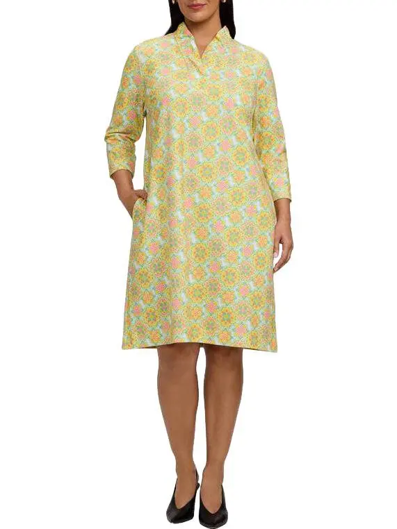 Foxcroft Tammy Sicilian Tile Print Crepe Popover Shirtdress - Yellow Multi