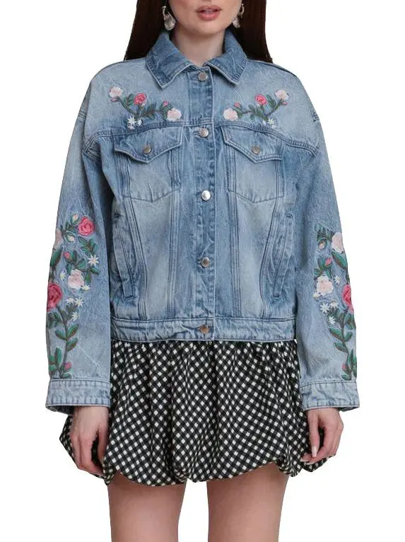 Avec Les Filles Embroidered Denim Trucker Jacket - Felicity Wash