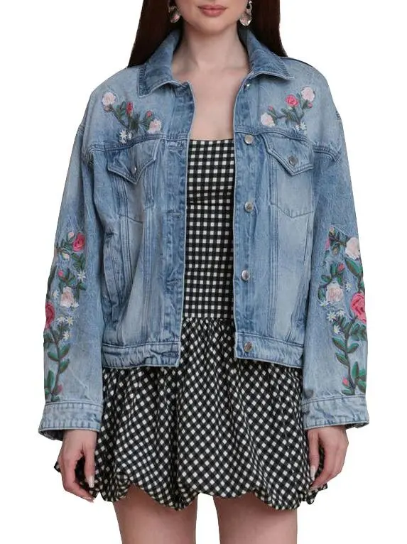 Avec Les Filles Embroidered Denim Trucker Jacket - Felicity Wash