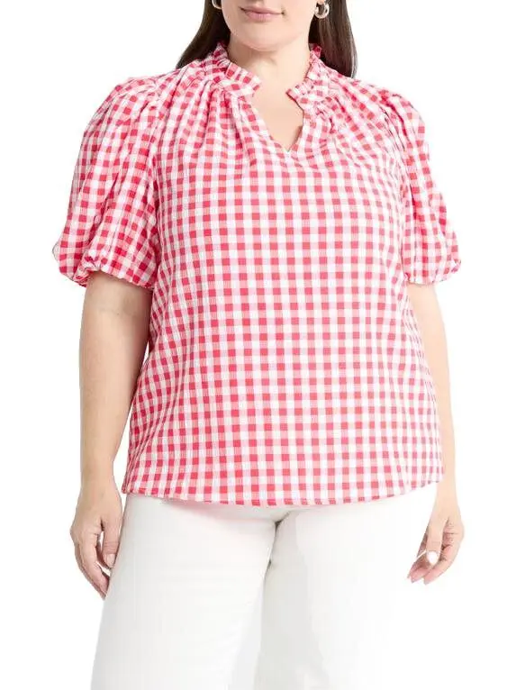 SUGARLIPS Gingham Ruffle Neck Top - Red-white