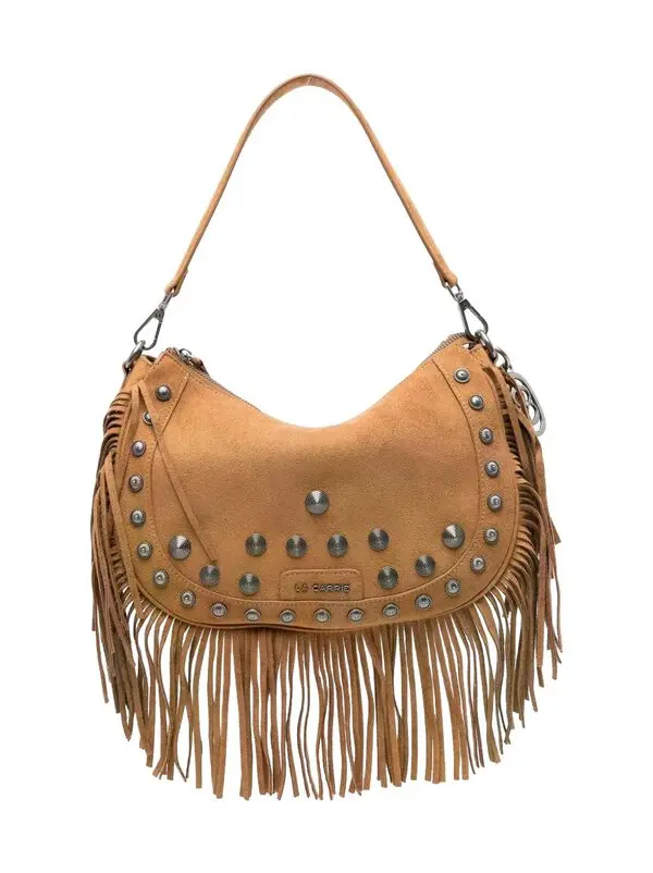 LA CARRIE Aztec Fringe Studded Suede Shoulder Bag - Neutrals
