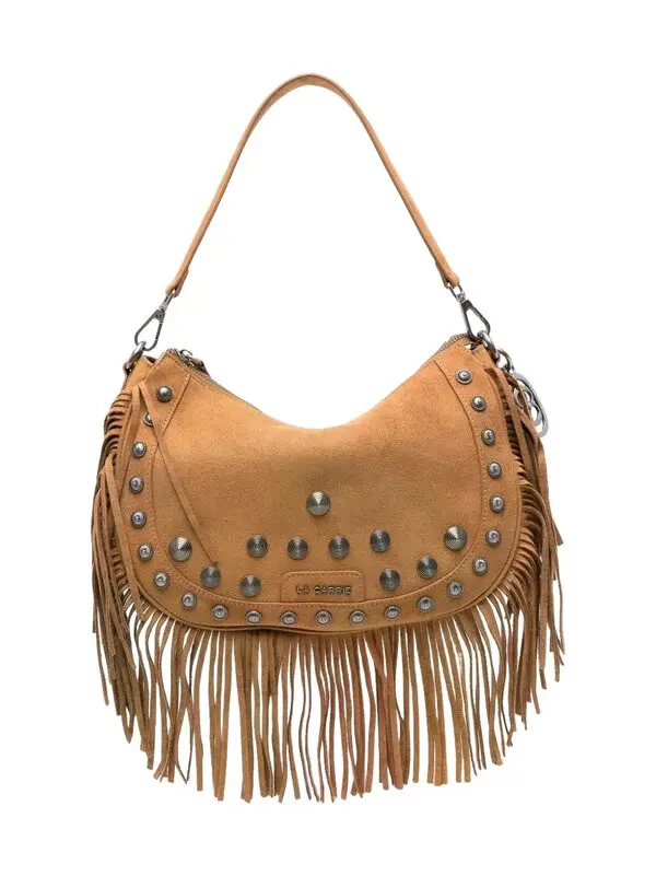 LA CARRIE Aztec Fringe Studded Suede Shoulder Bag - Neutrals