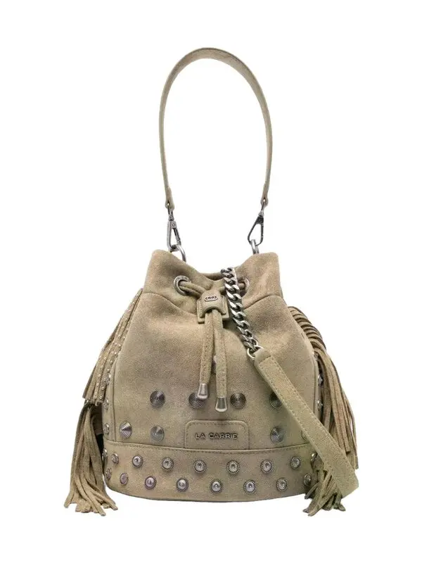 LA CARRIE Fringed Studded Leather Bucket Bag - Neutrals