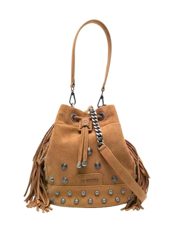 LA CARRIE Fringed Studded Bucket Bag - Neutrals