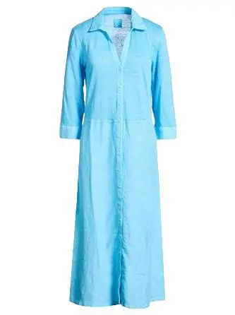 120% Lino Azure Linen Midi Shirt Dress - Blue