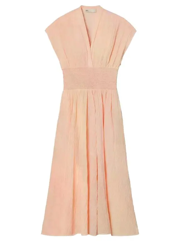 Tory Burch V-neck Fit And Flare Linen-blend Midi Dress - Pink