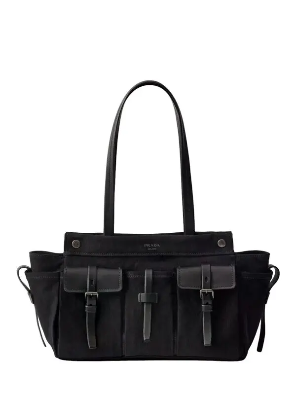 Prada Large Canvas And Leather Tote Bag - Black