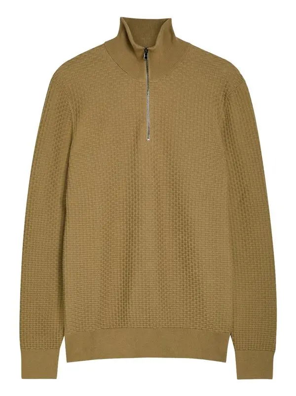 BOSS Textured Half-zip Cotton Jumper - Khaki
