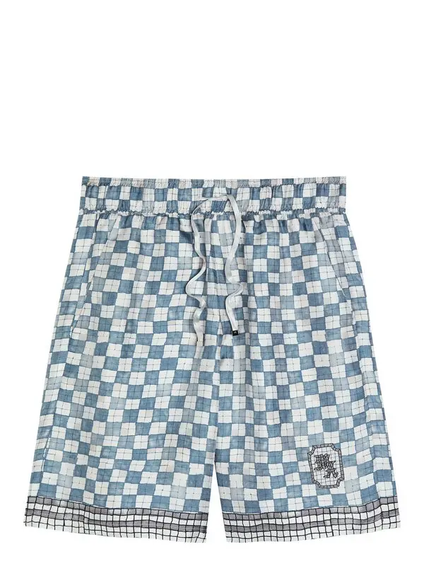 Amiri Chateau Crest Checked Silk Shorts - Steel