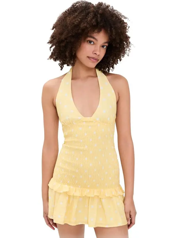 SEVEN WONDERS Fleur Shirred Halter Mini Dress - Lemon White Polka