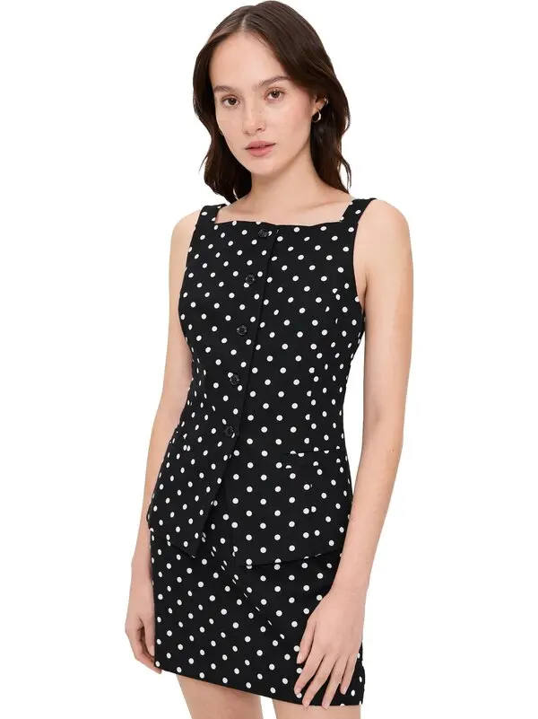 WAYF Joan Button-front Polka Dot Linen Blend Top - Black Polka Dot