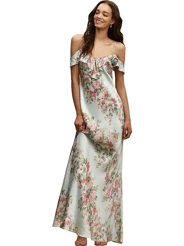 Bhldn Aria Ruffle Maxi Slip Dress - Cascading Crystal Bloom