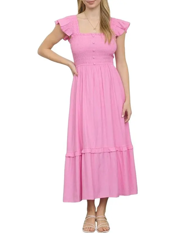 BLU PEPPER Smocked Bodice Tiered Maxi Dress - Pink