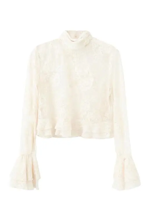 Mango Lace Ruffle Cuff Top - Ecru