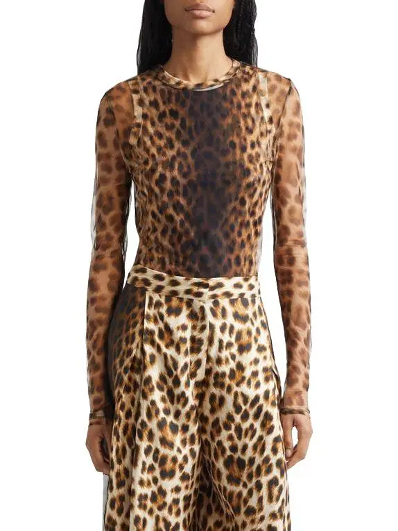 Sportmax Leopard Print Layered Mesh Top - Beige Shaded