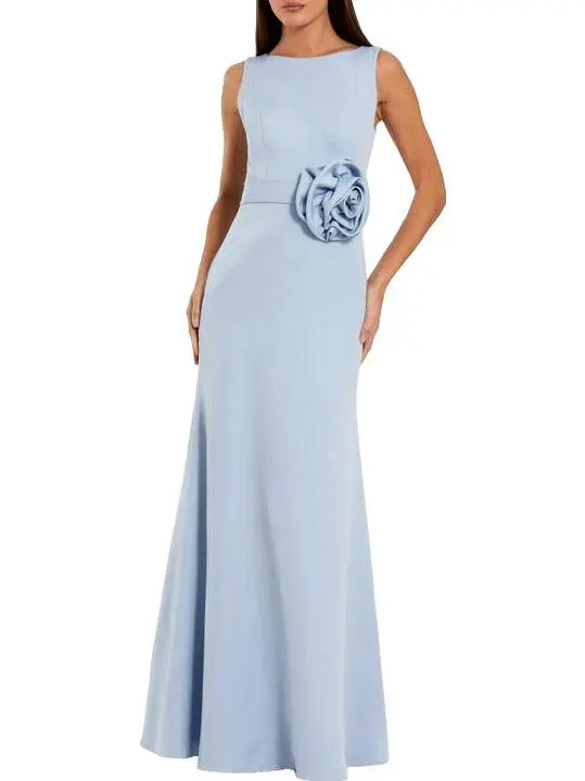 Mac Duggal High Neck Sleeveless Crepe A-line Gown With Floral Detail - Periwinkle
