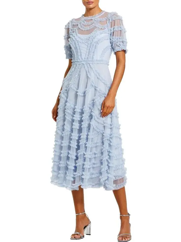 Mac Duggal High Neck Ruffled Midi Dress - Periwinkle