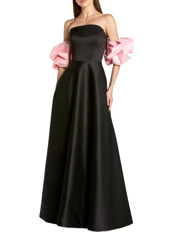 Mac Duggal Satin Off-the-shoulder Ball Gown With Puff Sleeves - Black Pink
