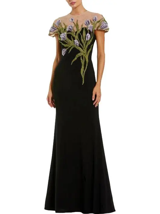 Mac Duggal Petite Jersey Floral Embroidered Illusion Neck Gown - Black Multi