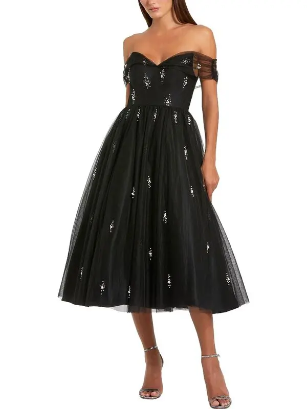 Mac Duggal Ieena Off-the-shoulder Embellished Tulle Cocktail Dress - Black