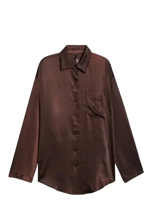 SKIMS Lightweight Stretch Satin Button-up Shirt - Espresso