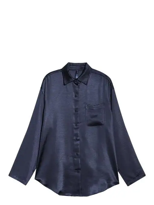 SKIMS Lightweight Stretch Satin Button-up Shirt - Obsidian