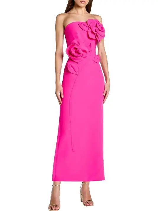 Mac Duggal Crepe Strapless Midi Dress With Floral Detail - Hot Pink