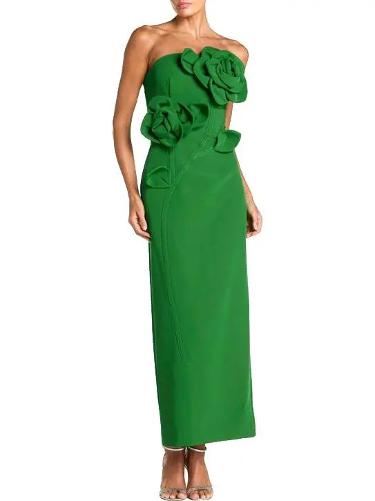 Mac Duggal Strapless Crepe Gown With 3d Floral Detail - Spring Green