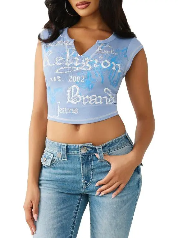 True Religion Crystal Embellished Buddha Crop Graphic T-shirt - Endless Sky