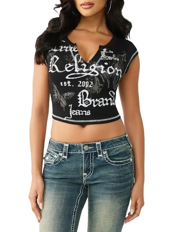 True Religion Crystal Embellished Buddha Crop Graphic T-shirt - Jet Black