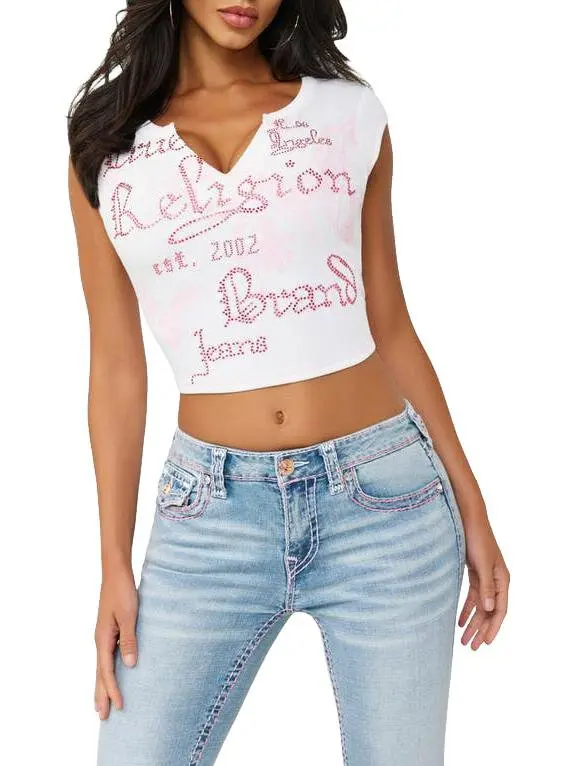 True Religion Crystal Embellished Graphic Crop T-shirt - Optic White