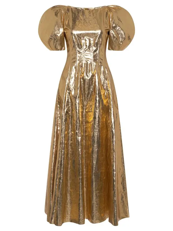 Gabriela Hearst Ranya Puff Sleeve Maxi Dress In Metallic Linen Twill - Gold
