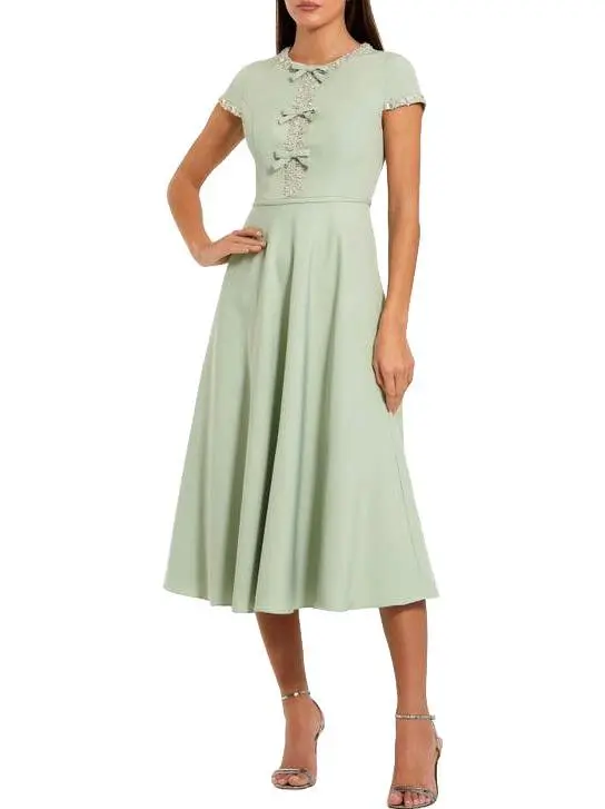 Mac Duggal Crepe Midi Dress With Rhinestone Beading And Bow Detailing - Sage