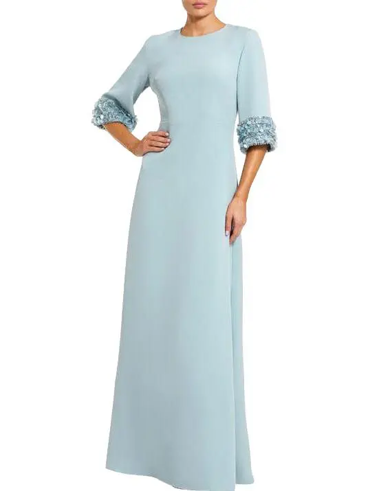 Mac Duggal A-line Crepe Gown With Embellished Sleeves - French Blue