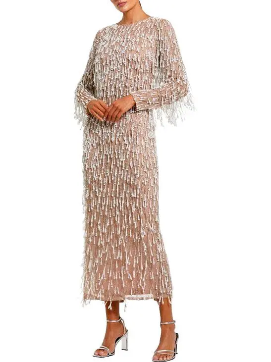 Mac Duggal Embellished Fringe Midi Dress - Ivory Nude