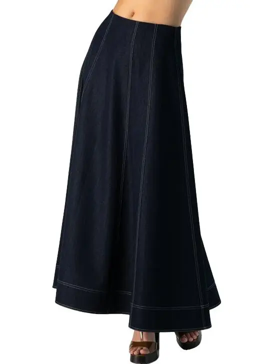 IVONNE Wide Hem Denim Midi Skirt - Navy Blue