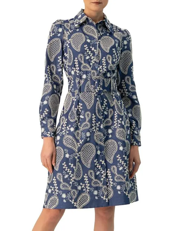 IVONNE Long Sleeve A-line Dress With Floral Embroidery - Blue