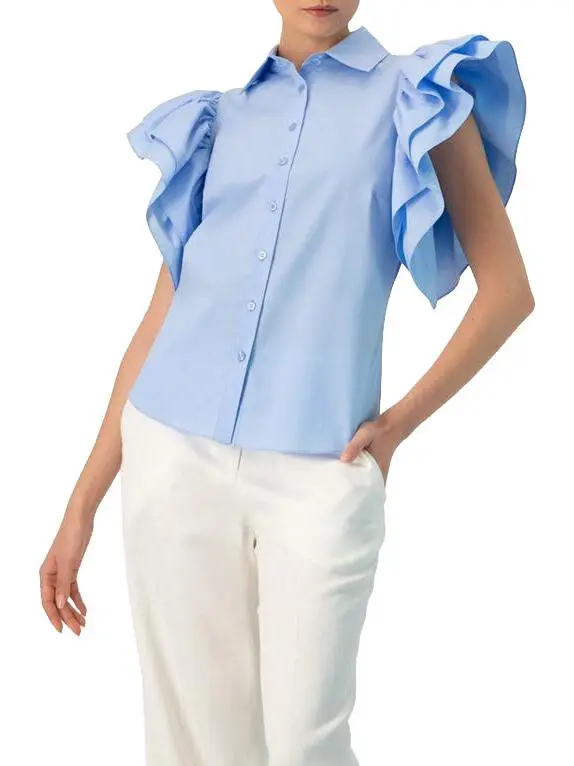 IVONNE Ruffled Sleeve Shirt - Light Blue