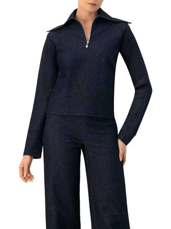 IVONNE Ribbed Knit Sweater With Neckline Zipper - Navy Blue